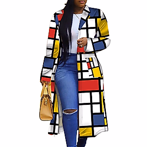 Women's Colored Geo Turn Down Collar Trench Coat Colorful Outerwear Cardigan Long Blazer Jacket(YE-5XL) Yellow