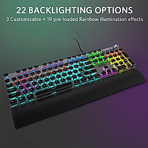 Fiodio Mechanical Gaming Keyboard, LED Rainbow Gaming Backlit, 104 Anti-ghosting Keys, Quick-Response Black Switches, Multimedia Control for PC and Desktop Computer, with Removable Hand Rest