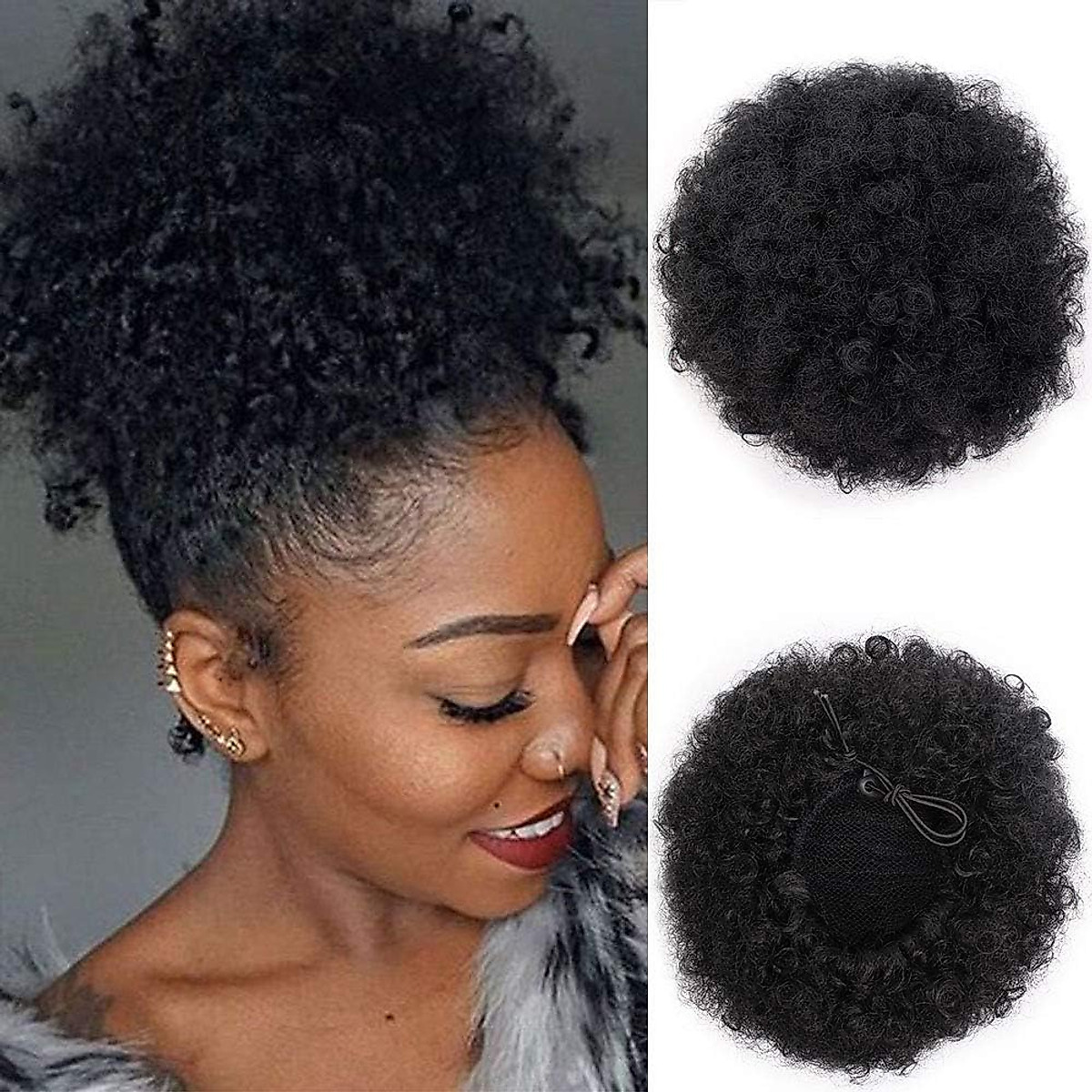 AISI QUEENS Afro Puff Drawstring Ponytail Synthetic Short Afro Kinkys Curly Afro Bun Extension Hairpieces Updo Hair Extensions with Two Clips (6inch,1B)