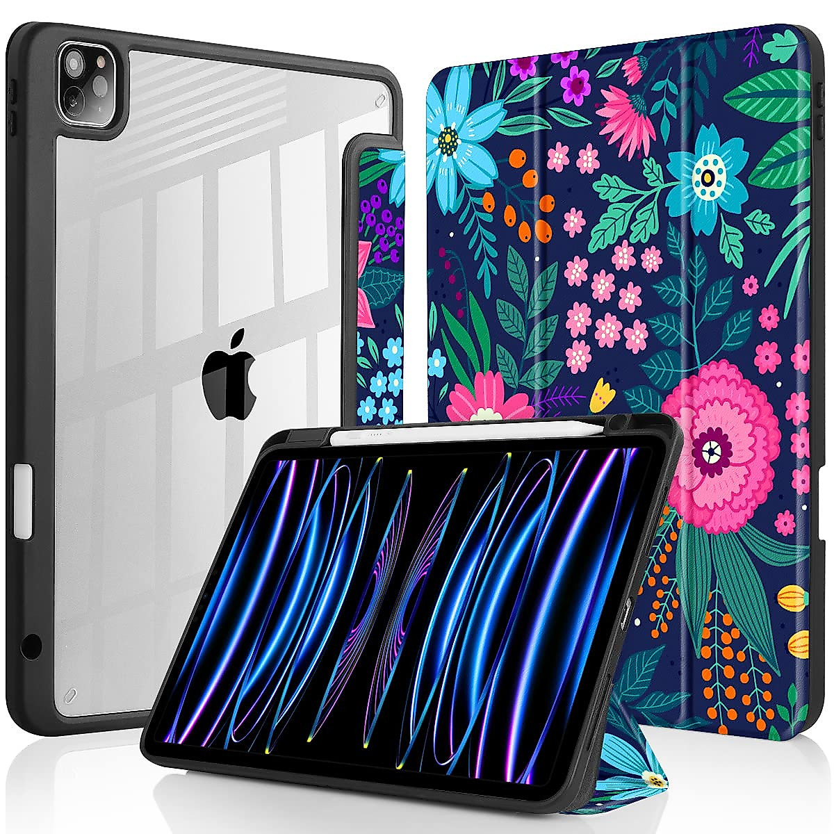 May Chen for iPad Pro M2 11 inch 4th Generation 2022, [Built-in Pencil Holder] Shockproof Cover w/Clear Transparent Back Shell Also Fit iPad Pro 11" 3rd/2nd/1st Gen 2021 2020 2018, Spring Flowers