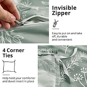 MUXHOMO Duvet Cover Queen Size, Reversible Floral Green Duvet Cover Set with Zipper Closure, 3 Pieces Botanical Patterns Soft Microfiber Bedding Set with 4 Ties (90"x90", 2 Pillow Cases)