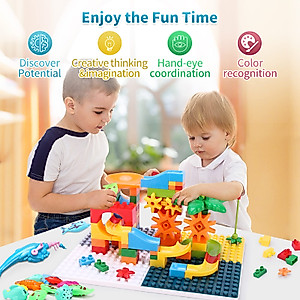JONEALA Double Sided Kids Activity Table Set, 5-in-1 Multi Play Sand Water Table Toys, 105pcs Marble Run Building Blocks Table for Toddlers Age 1 2 3 Boys Girls, Toy Storage & Adjustable Heighten