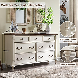 T4TREAM Farmhouse 7 Drawers Dresser Chests for Bedroom w/ 4 Solid Wood Feet & Column Decor, Tall Wide Wood Country Rustic Chest of Drawers, Storage Dressers for Bedroom, Living Room, Antique White