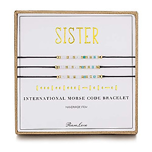 RareLove 3 Pieces Sisters Morse Code Bracelet Friendship Birthday Best Friends Gift For 3 Women Blue White Tiny Pony Seed Beads Black String Bracelets