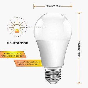 Outdoor Dusk to Dawn LED Light Bulb (No Timer Required), Automatic On/Off Light Sensor Bulb, Built-in Photocell Detector, E26 A19 120V 6000K for Porch, Boundary, Garage, Entrance,9W 4 Pack by Boxlood