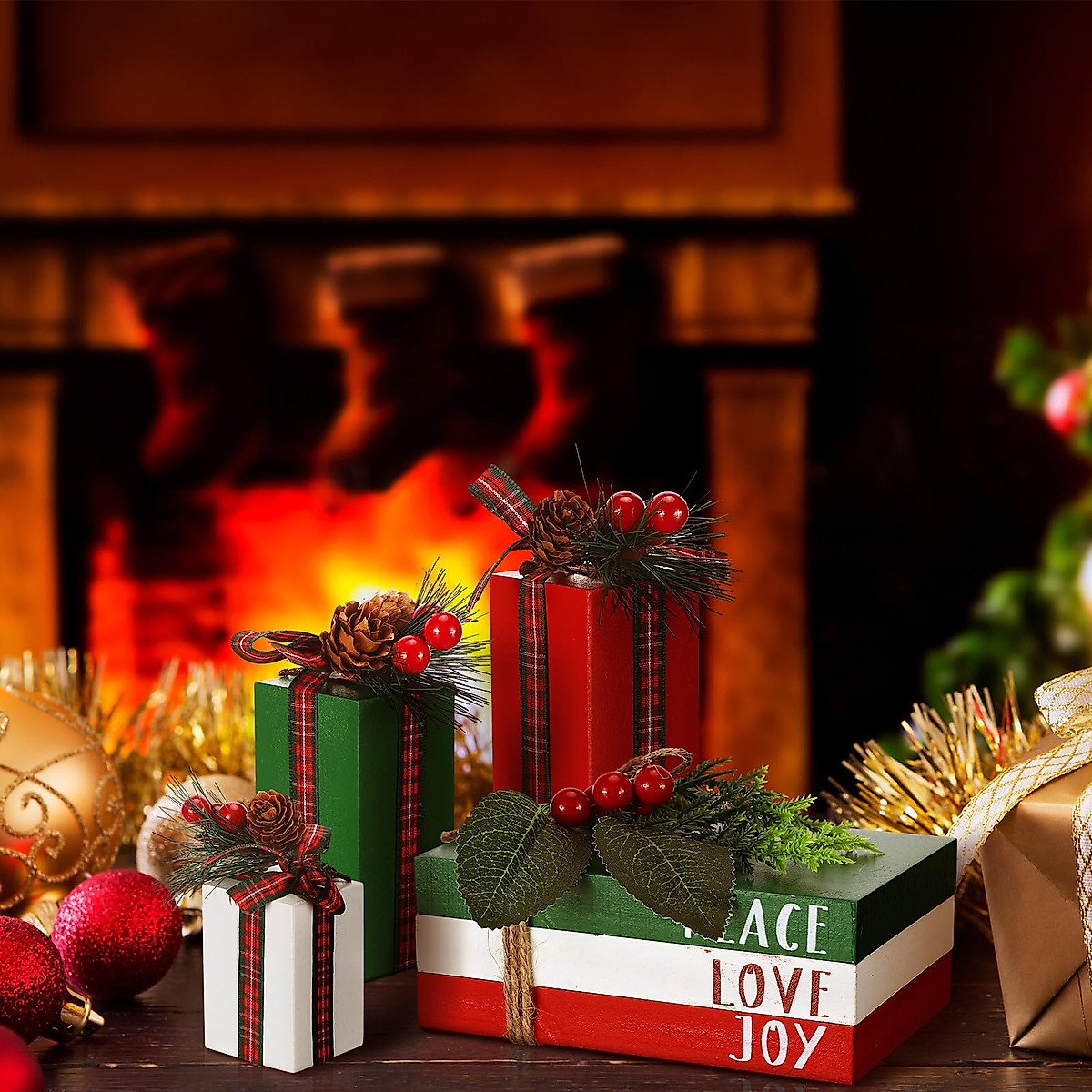 Kigley 6 Pcs Christmas Wooden Table Decorative Xmas Tiered Tray Decor Wooden Block Firework Book Sign for Xmas Home Farmhouse Table Decor(Classic)