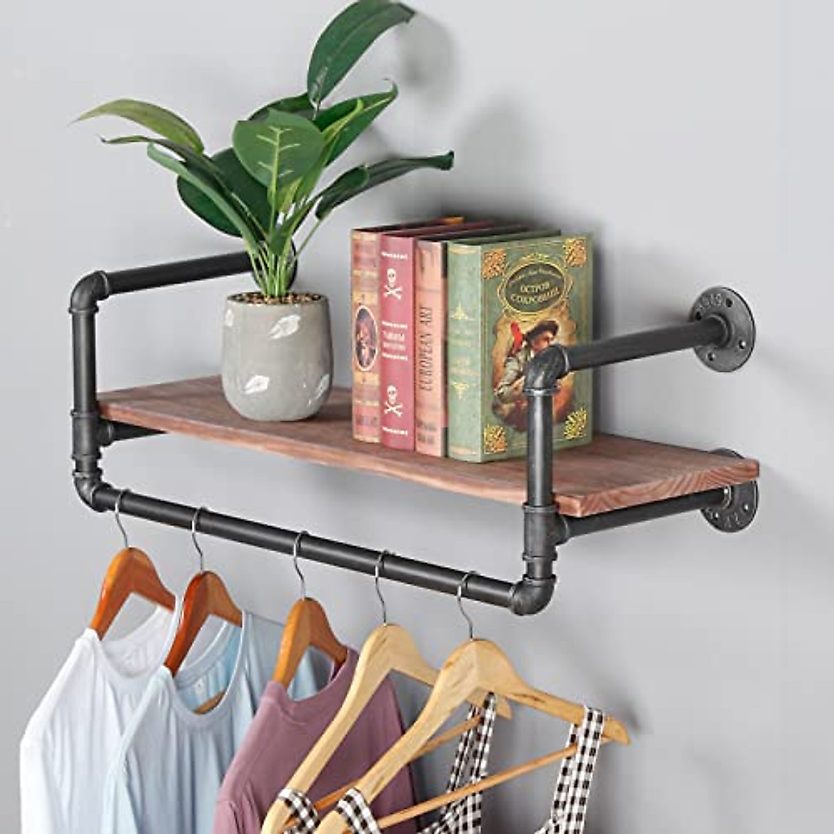 RZGY Industrial Pipe Clothing Rack with Shelves, Metal Commercial Clothes Racks for Hanging Clothes,Wall Mounted Black Iron Garment Bar