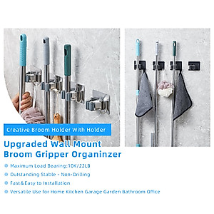 Cokshy 4 Pcs Stainless Steel Broom Holder, Heavy Duty Garden Organizer Rack Rake and Shovel Handle Square Rust Resistant Broom Holder Wall Mount for Kitchen Bathroom Closet Garden Garage - Black