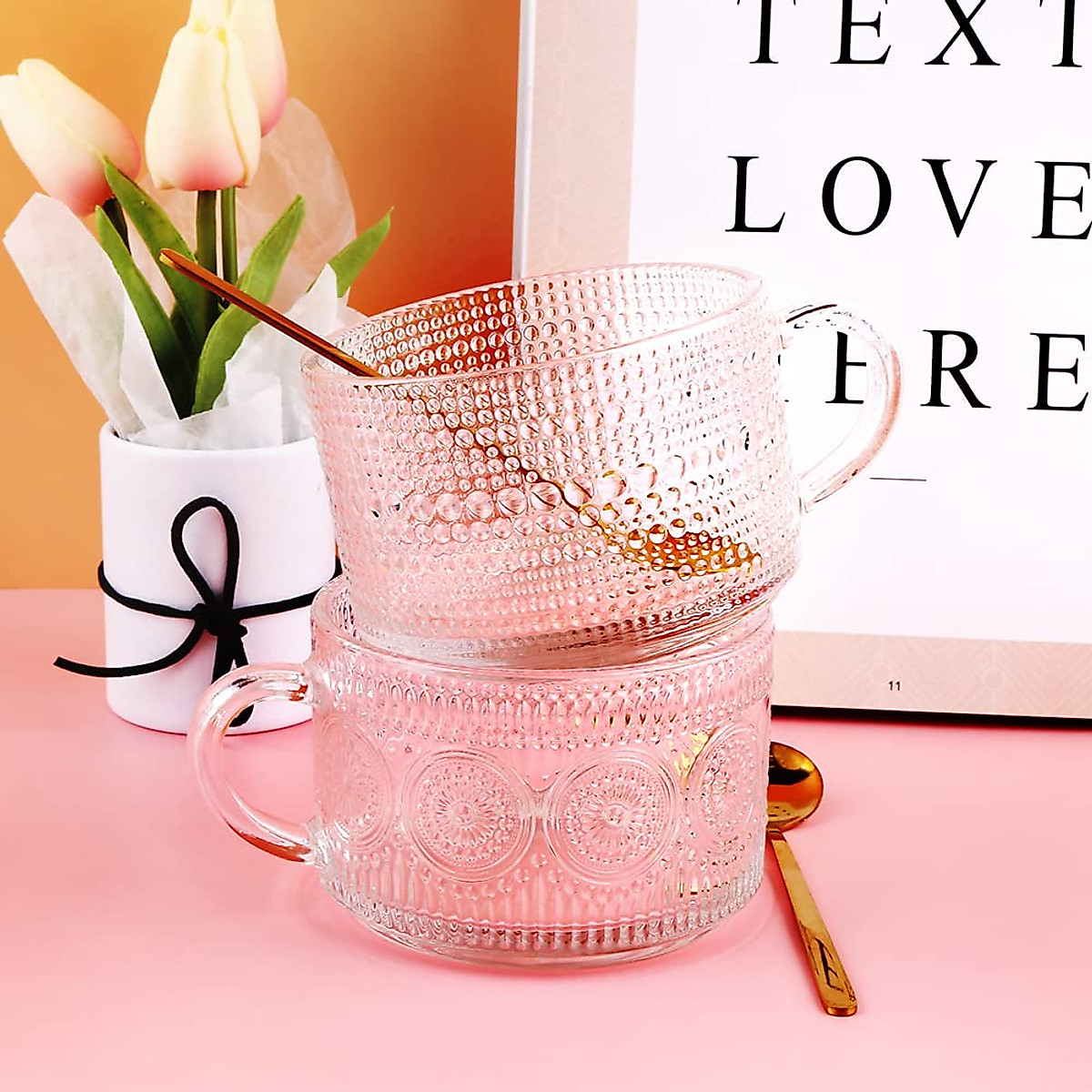 BTGLLAS 400ML Vintage Coffee Mugs With Metal Spoon Glass Coffee Cup 13 Oz Set of 2 Clear Embossed Glass Cups Engrave Tea Cups Beverage,Latte,Anniversary, Valentine,Birthday,Christmas (1SETMUG)