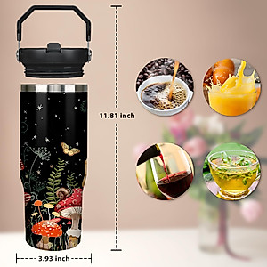 thmasamwr Mushroom Tumbler with Lid and Straw, Stainless Steel Mushroom 30oz Tumbler with Handle, Black Mushroom Travel Coffee Mug Mushroom Gifts Cups for Women and Men