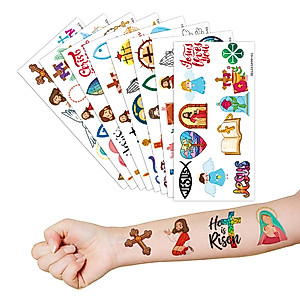 Easter Religious Temporary Tattoos Holy Week Christian Faith Jesus Cross He is Risen Spring Themed Stickers for Kids Party Supplies Decorations Favors and Prizes Gifts for Boys and Girls Ideal School