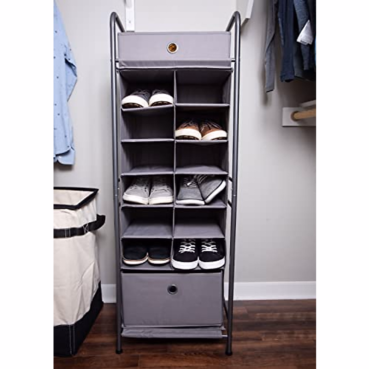 BIRDROCK HOME 12 Cubby Vertical Shoe Rack Organizer with Large Drawer - Grey - Free Standing Tower for Closet - Sturdy Metal Frame - Space Saver - Bedroom Organization