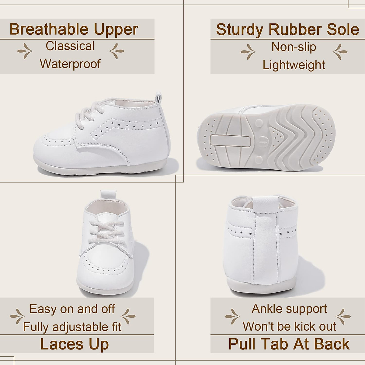 Sawimlgy Baby Boys Girls Premium Soft Leather Oxfords Dress Wedding Shoes Sturdy Rubber Sole Waterproof Lace Up Ankle Shoes Brogue Formal Loafers First Walker Newborn Infant Toddler Lazy Crib Shoes