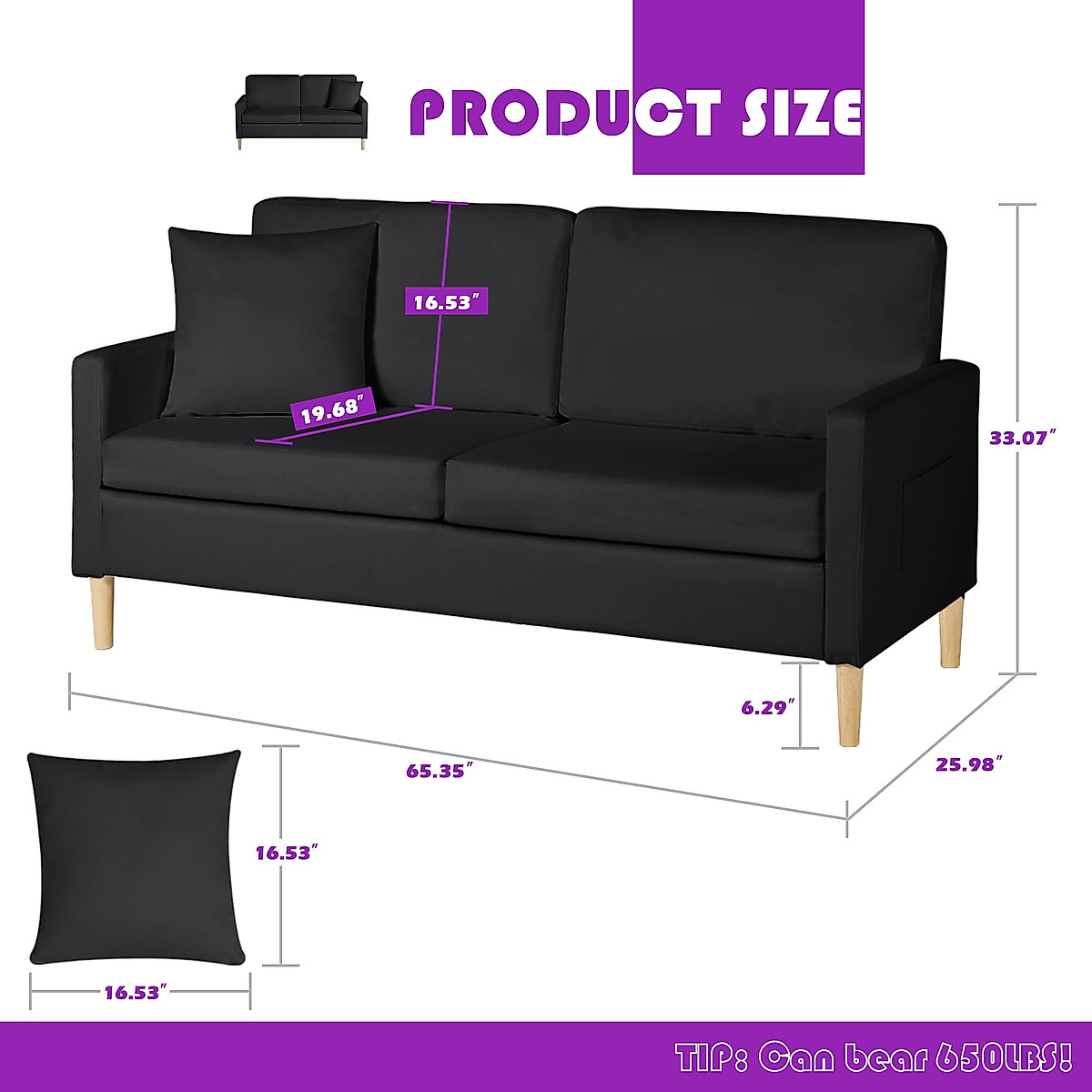 TYBOATLE Modern PU Leather Living Room Furniture 3 Pieces Sectional Sofa Couches Sets, Loveseat w/ 2 USB Charging Ports and Comfy Accent Arm Chairs for Small Space, Apartment, Office, Studio (Black)