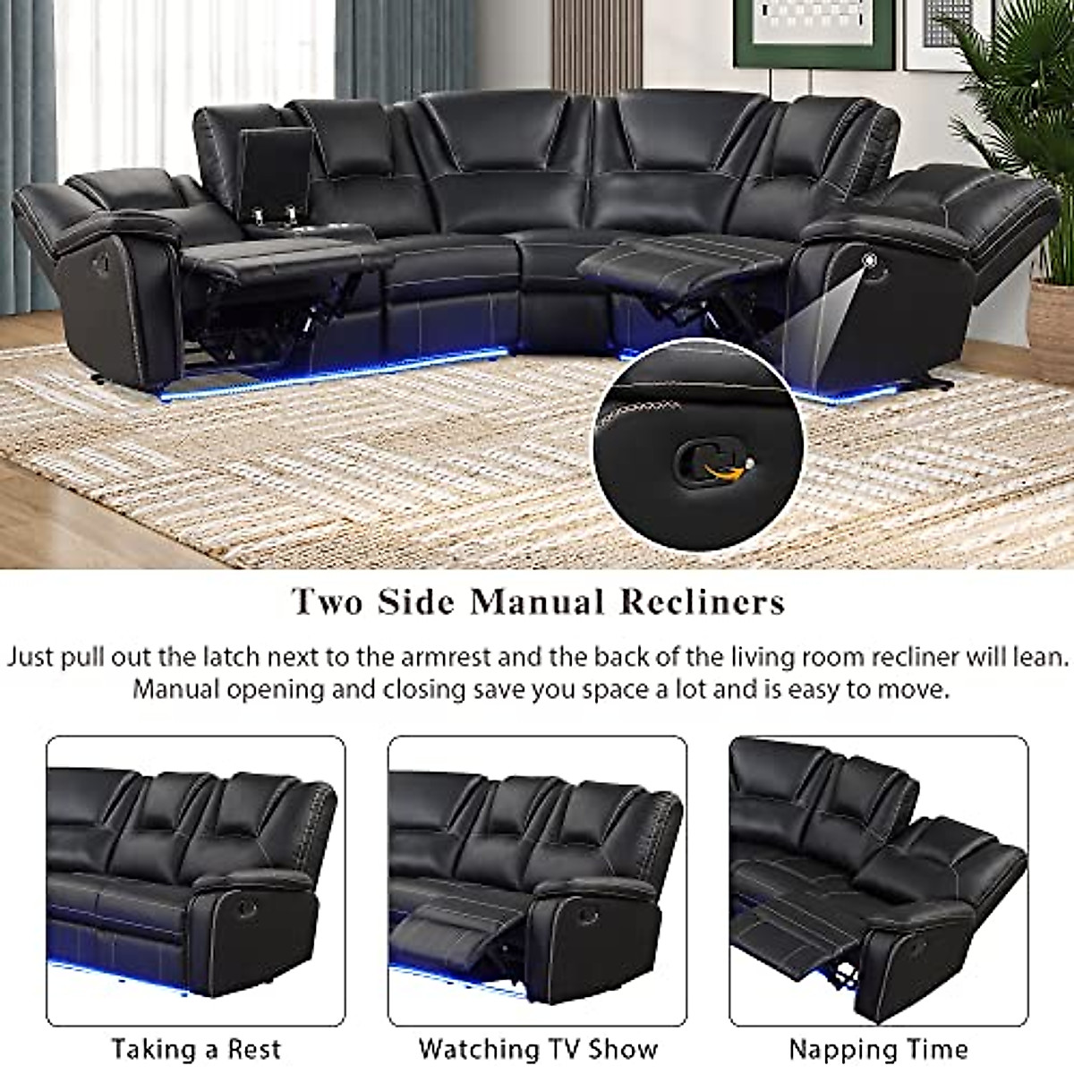 Evedy Living Room Furniture Sets, Sectional Sofa with LED Light Strip,Modern Faux Leather Manual Reclining with Center Console,PU Symmetrical Couch with 2 Cup Holders and Storage, Black e