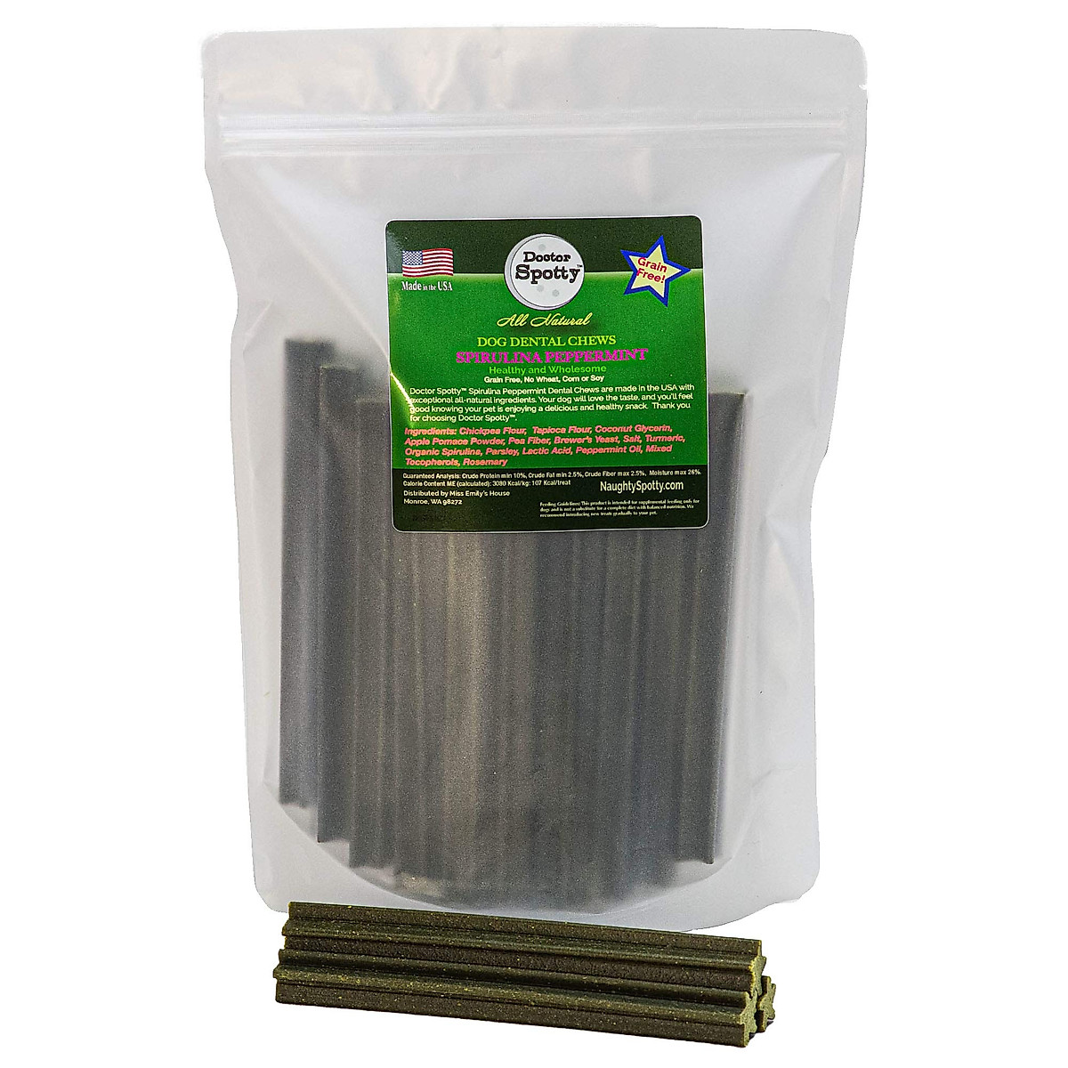 Doctor Spotty Peppermint Dog Dental Chews Made with Spirulina and Other Beneficial Ingredients, Natural and Grain-Free, Made in The USA, Bulk Size 31-Count.