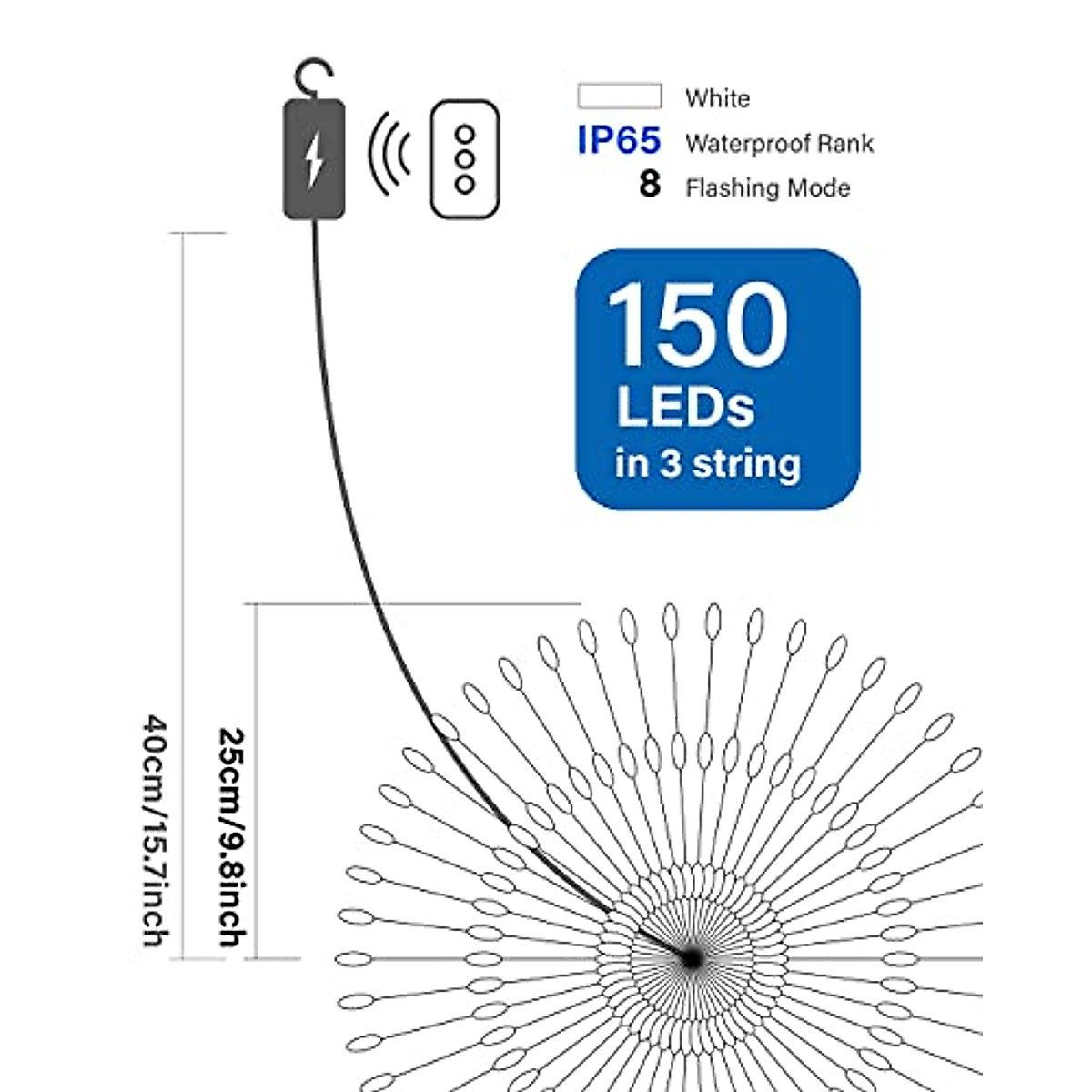4 Pack Firework Lights 150 Led Copper Wire Starburst String Lights 8 Modes Battery Operated Fairy Lights with Remote Hanging Christmas Lights for Party Patio Wedding Waterproof Decoration (White)