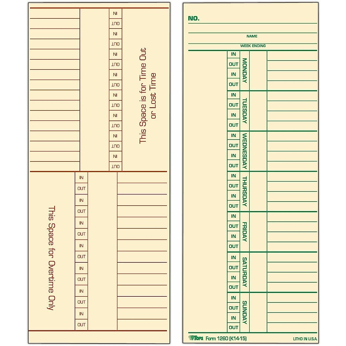 TOPS Time Cards, Weekly, 2-Sided, Named Days, 3-3/8" x 8-1/4", Manila, Green/Red Print, 500-Count (1260)