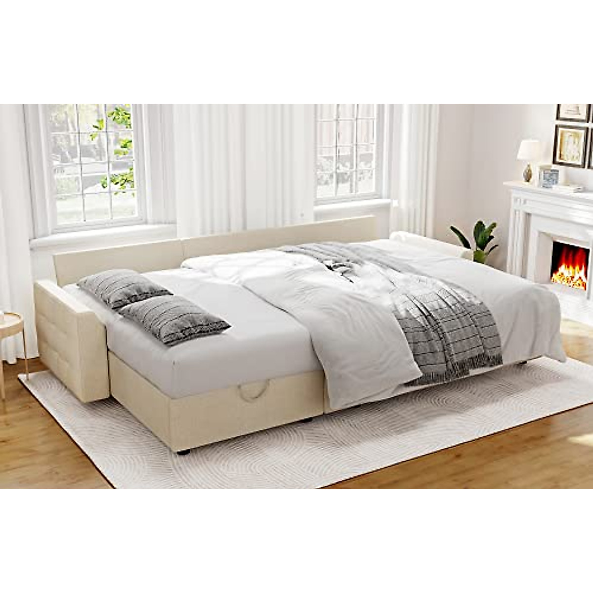 PaPaJet Pull Out Sofa Bed, Modern Tufted Convertible Sleeper Sofa, L Shaped Couch with Storage Chaise, Chenille Sectional Bed for Living Room (Beige)