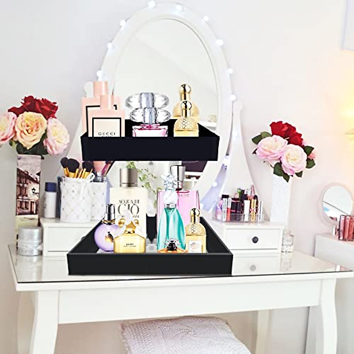 Black Perfume Display Organizer Tray - Acrylic 2-Tier Bathroom Countertop Organizer Vanity Trays Makeup Storage Shelf Holder for Cosmetic Dresser Table Cabinet Kitchen（Black）