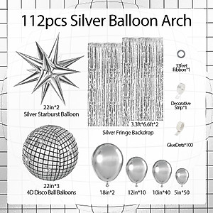Disco Balloon Arch Garland Kit, Metallic Silver Balloon Arch with Disco Ball Balloons Silver Fringe Disco Ball Backdrop for Birthday Graduation Prom 2024 Disco Party Decorations