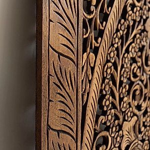 Queen Mandala Head Board Wood, Carve Wall Art Hanging, Reclaim Teak Medallion Panels, Weathered Brown Stain Finishing, 60 inches