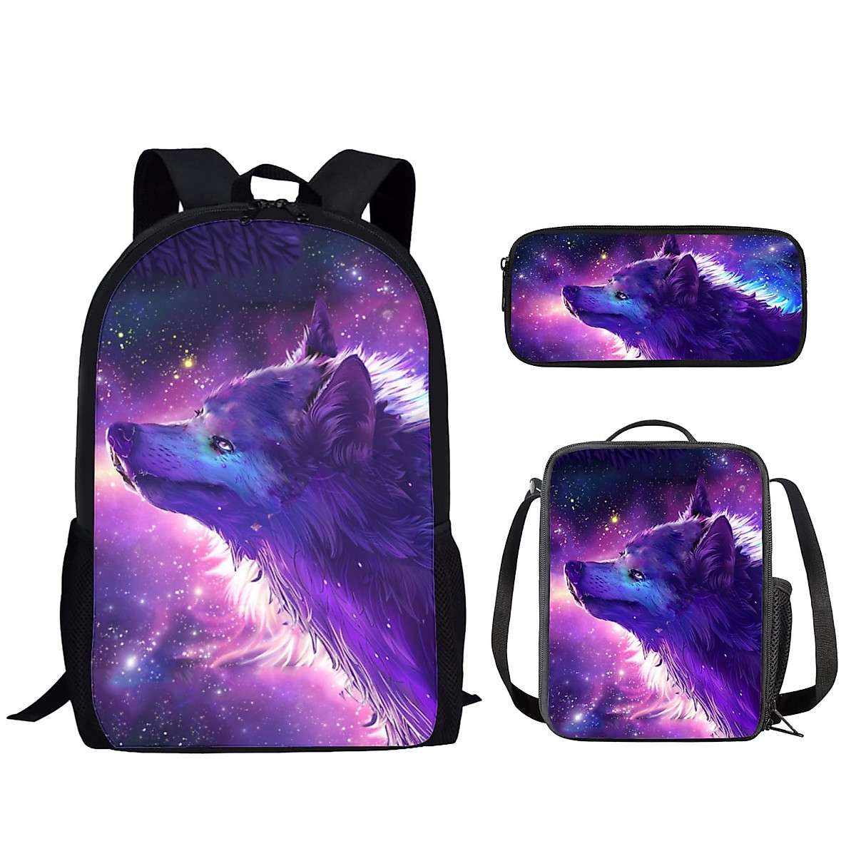 Upetstory 3 Pieces/Set Galaxy Wolf Backpack with Lunch Bag for Boys Girls Elementary Middle School Bags Set for Kids Bookbag with Pencil Case Travel Daypack