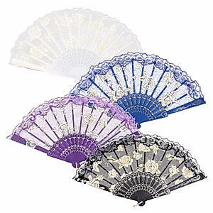 SUNETARY Folding Hand Fan Bulk for Women, 4 Pack Foldable Chinese Spanish Lace Fan Vintage Handheld Fans for Wedding, Music Festival, Party, Dance, Performance, Decoration, Gift