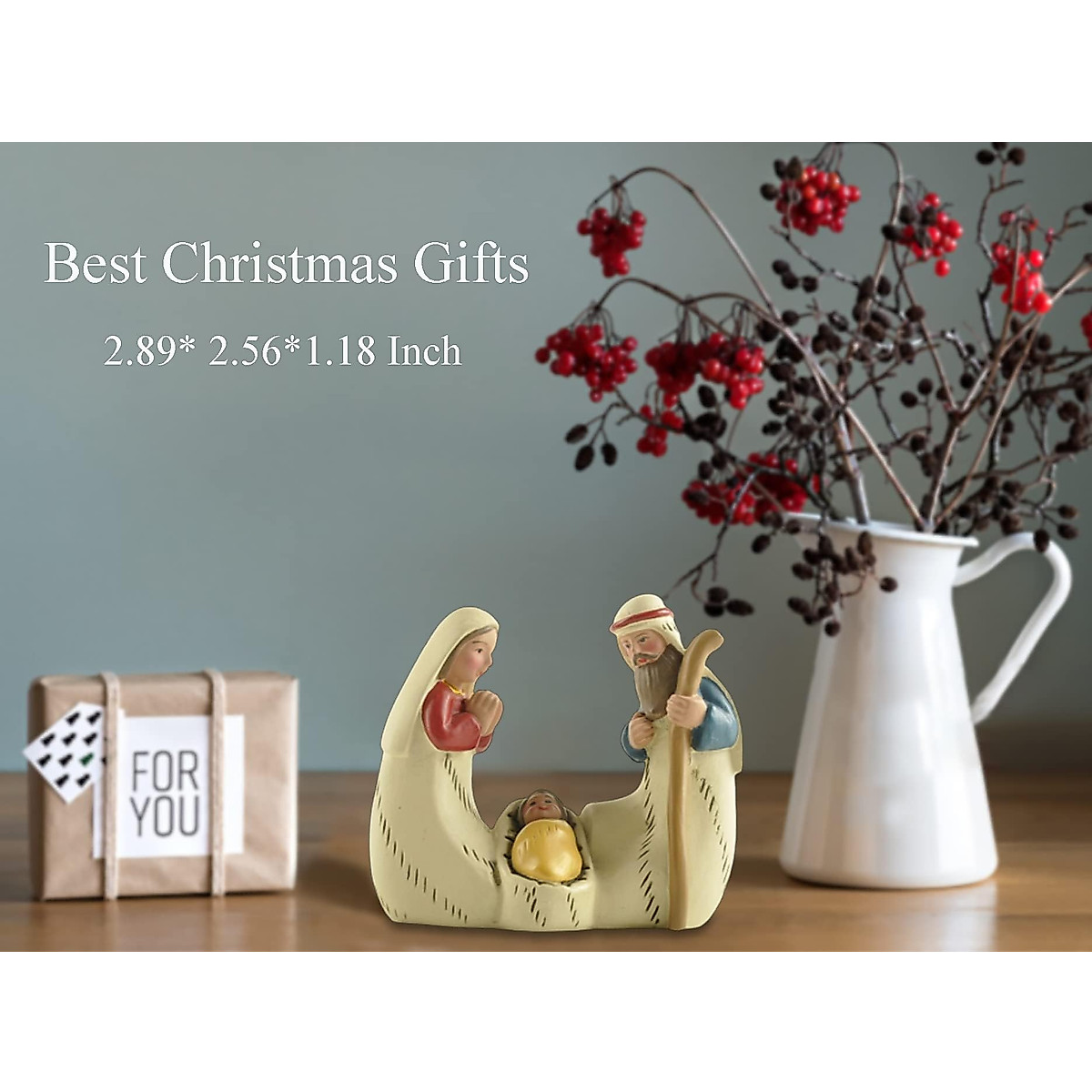 Miniature Holy Family Nativity Figurine - Hand Painted Joseph Mary Religious Figurine with Baby Jesus for Christmas Indoor Tabletop Nativity Scene Decoration, 2.56‘H