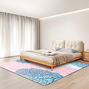 QH Blue and Pink Coral Area Rug 5'x6' Floor Mats Washable Non-Slip Large Rugs for Living Room Kitchen Bedroom Dining Room Outdoor Home Decor