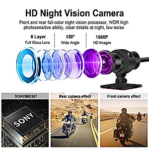 VSYSTO WiFi Motorcycle Dash Cam, 2 Inch Screen All Waterproof HD 1080P WDR SONY307 150° Wide Angle Fisheye Lens Front and Rear Camera, Night Vision, G-Sensor Loop Recording (Black-2Inch)