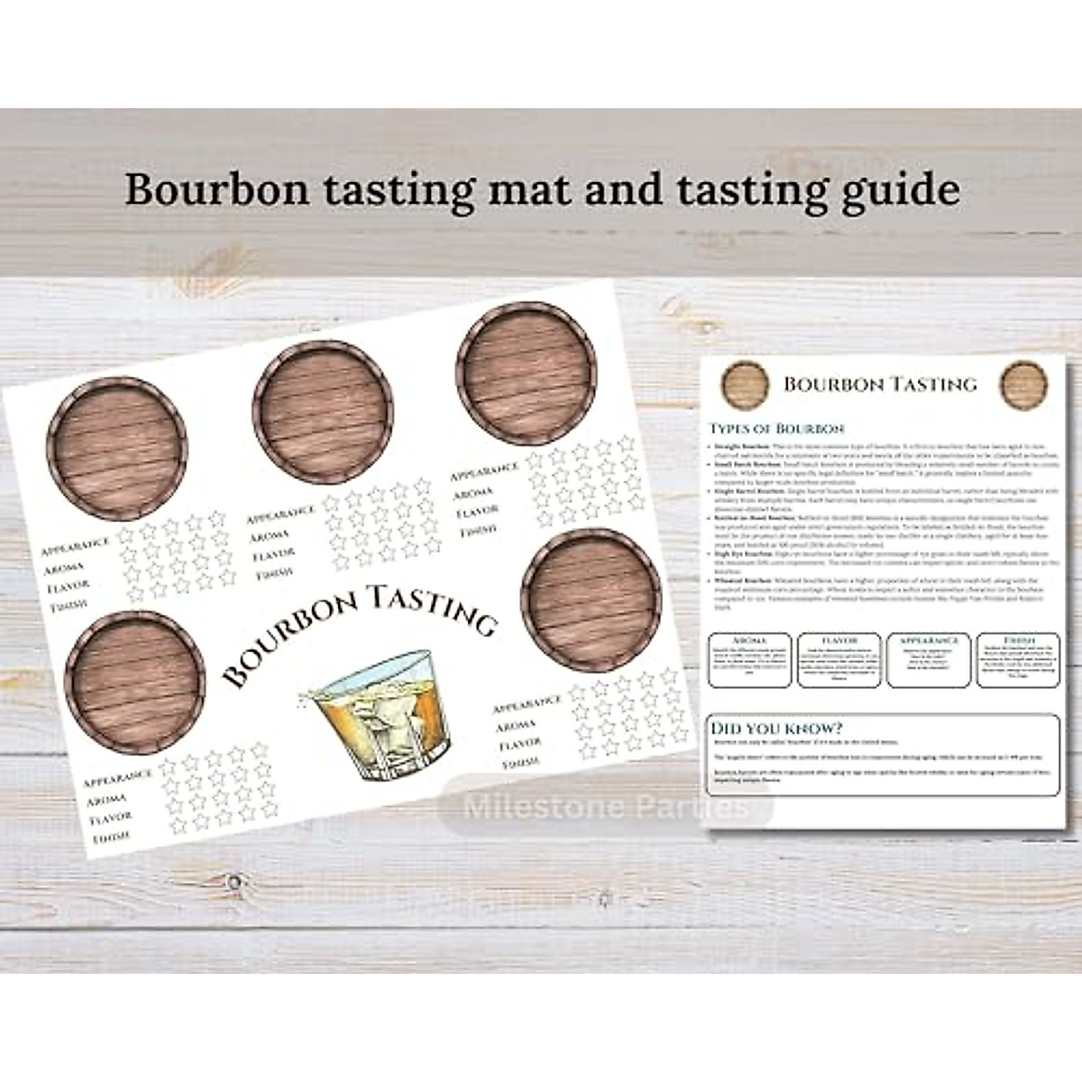 Bourbon flight tasting mat and guide sheet. Bourbon tasting guide for bourbon party. Bourbon placemats, Bourbon lover. Bachelor party games for bourbon party