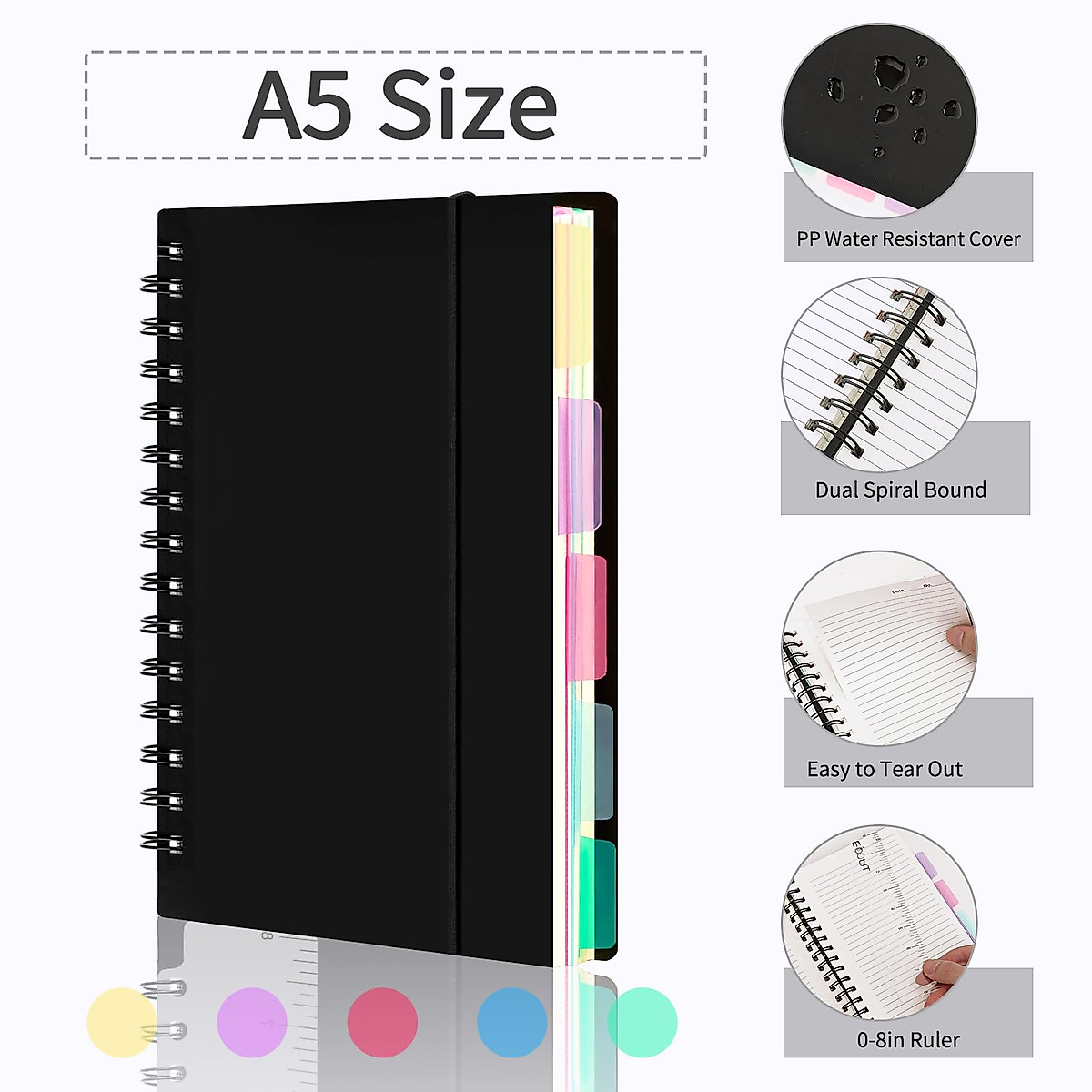 EOOUT A5 Subject Spiral Notebooks with Tabs, 8.3 x 5.5 Inches, Notebooks for Work, 5 Colored Dividers, Spiral Lined, 240 Pages, for School, Office Supplies and Home