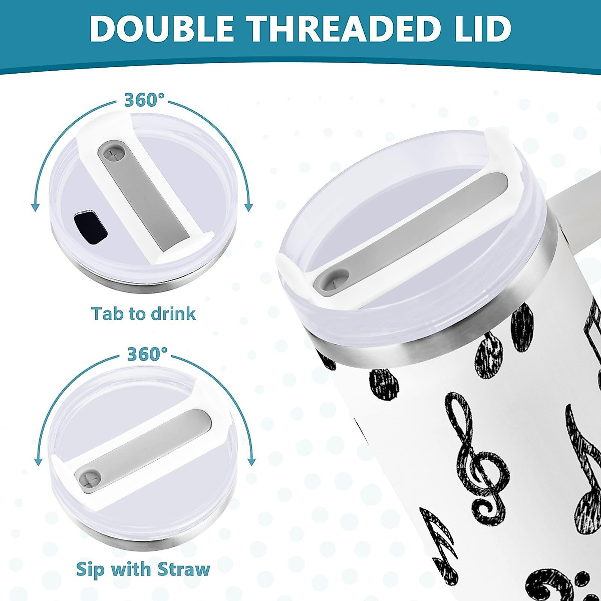 Blueangle 30 oz Music Notes Icon Tumbler with Handle and Straw Lid, Insulated Cup Reusable Stainless Steel Water Bottle Travel Mug（591）