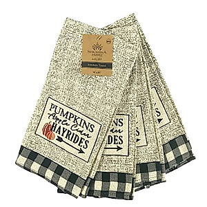 Farmhouse Country Black White Check Faux Burlap Kitchen Towels Set 4 Pc.: Harvest Farm Sign for Pumpkins Apple Cider Hayrides Fall Fun