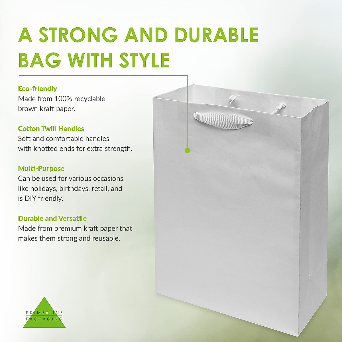 Prime Line Packaging 10x5x13 50 Pack White Gift Bags with Handles Bulk, Medium Kraft Paper Bags for Boutique, Shopping, Wedding, Birthday Gift Wrap