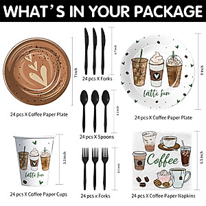 APOWBLS Coffee Party Decorations Tableware - Coffee Birthday Party Supplies, Paper Plate, Cup, Napkin, Disposable Cutlery, Latte Fun Coffee Theme Birthday Baby Shower Table Decorations | Serve 24