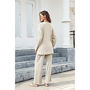 FREEYE Two Piece Outfits for Women, 2023 Fall Lounge Sweatsuits Knit Sweater Sets Pullover Loungewear Matching Pants Comfy Maternity Pajamas Apricot M