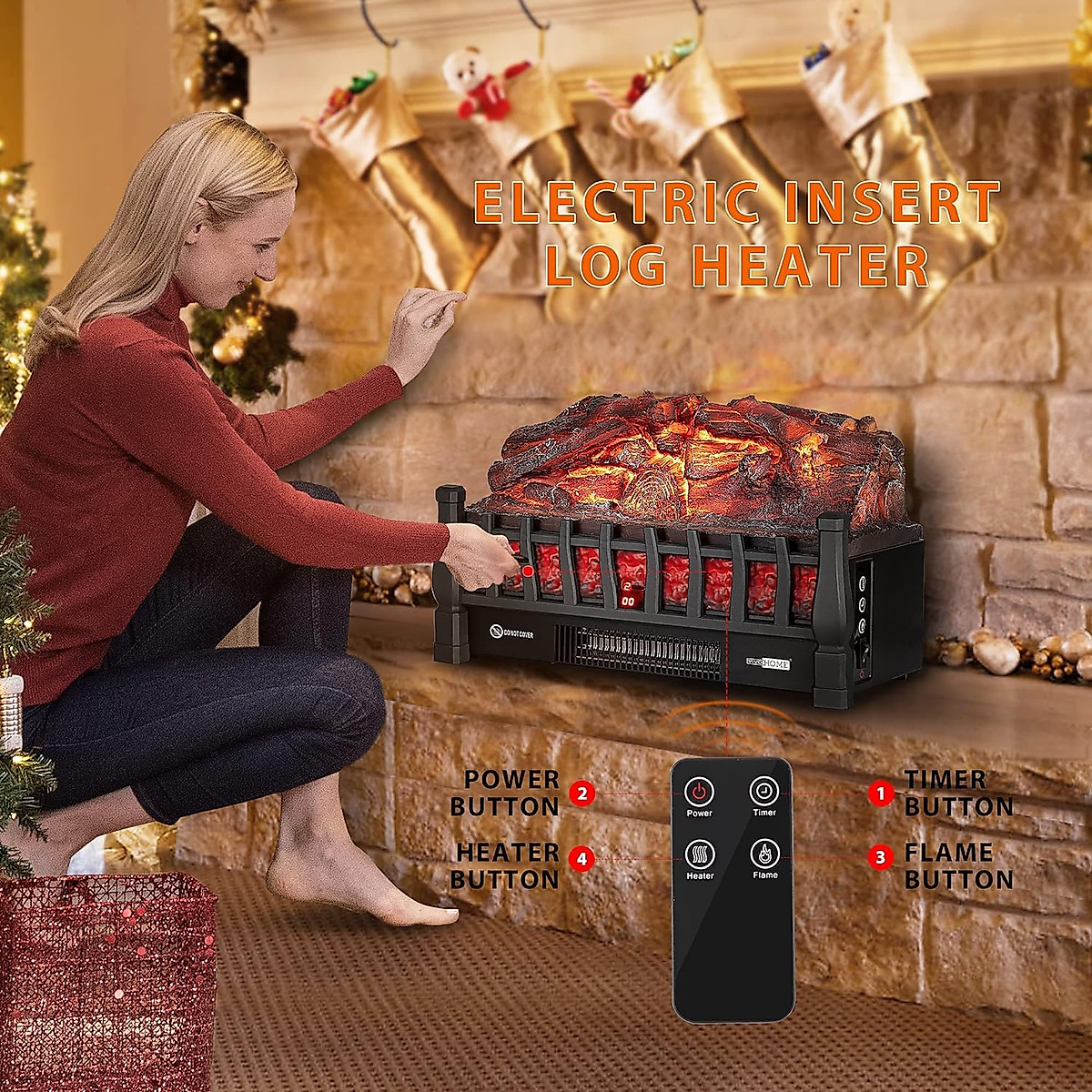 VIVOHOME 110V Electric Fireplace Insert Log Quartz Realistic Ember Bed Fan Heater with Infrared Remote Controller Black