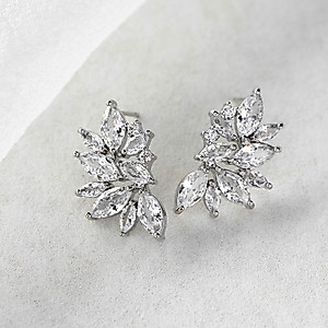 SWEETV Cluster Bridal Wedding Earrings for Brides Bridesmaid, Marquise Cubic Zirconia Rhinestone Stud Earrings for Women, Prom, Silver