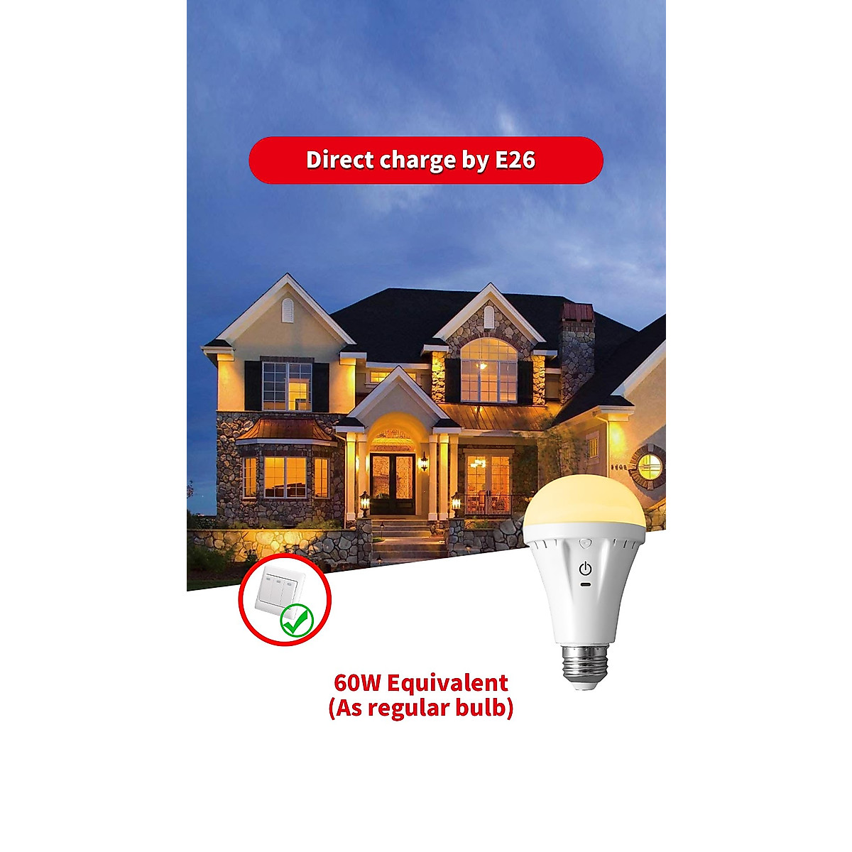 BLUEYE A21 Rechargeable Emergency Light Bulbs,E26 7W 120V,Remote Control&Wall Switch,5V/1A Charging,2700K-6000K,Flicker-Free,Battery Operated Flashlight for Power Outage No Outlet,1Pack