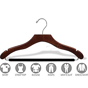 The Great American Hanger Company Wavy Wood Suit Hanger w/Velvet Non-Slip Bar, Box of 100 Space Saving 17 Inch Wooden Hangers w/Walnut Finish & Chrome Hook & Notches for Shirt Dress or Pants