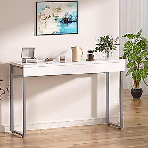 GreenForest Vanity Desk with 2 Drawers Glossy White 39 inch Modern Home Office Computer Desk Makeup Dressing Console Table with Metal Silver Legs for Small Spaces,Silver