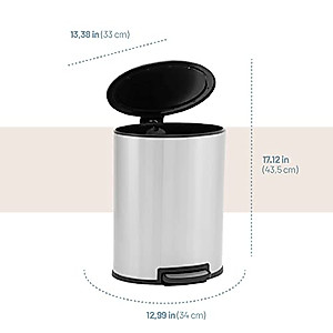 AWENN - Kitchen Garbage Trash Can with Lid and Pedal - Touchless Round Shape Waste Bin - Stainless Steel Dustbin with Removable Inner Bucket for and Outdoors – Gray (3.2 Gallon – 12 Liters)