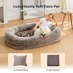 Human Size Dog Bed - 71''x47''x12.5'', Washable Faux Fur, Orthopedic, Plump Pillow, Blanket, Brown