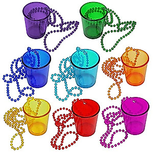 inheming 8 Pieces Christmas Shot Glass on Beaded Necklace, Plastic Colorful Clear Shot Cup Necklace, Bachelorette Party Team Groom and Bride Supplies for Birthday Wedding Festival Parade Favor