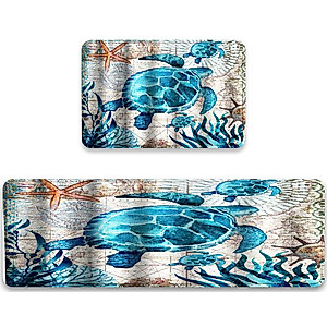 CANCAKA Kitchen Rug Set 2 Piece Non-Slip Standing Area Mat,Nautical Blue Sea Turtles Beach Theme Ocean,Soft Doormat Anti Fatigue Floor Mats Waterproof Rugs and Runner Sets