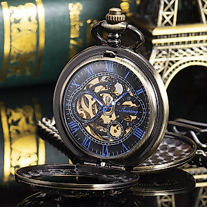 ManChDa Mens Antique Skeleton Mechanical Pocket Watch Dragon Hollow Hunter with Chain and Box