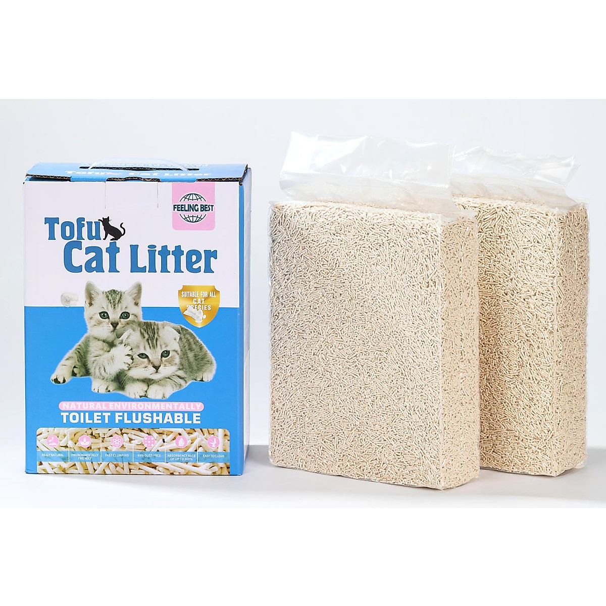 FEELING BEST Tofu Cat Litter 11.2LB(5.6lb×2bag) Clumping, 100% Food Grade Raw Materials, Clumping,Flushable,Ultra Absorbent and Fast Drying,Solubility in Water,Really Dust-Free,Less Scattering