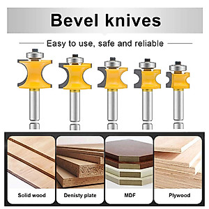 LEATBUY 1/2 Inch Shank Bullnose Router Bit 5PCS，Half Round Bearing Carbide Tipped Edge Cutting Bits， Radius 1/8" 3/16" 1/4" 5/16" 3/8", Woodworking Milling Cutter (YL05)